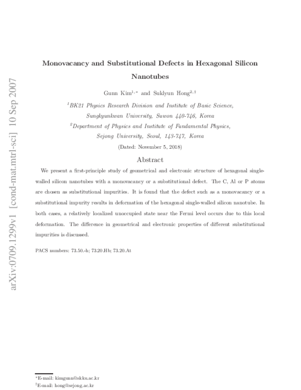 (PDF) Monovacancy and substitutional defects in hexagonal silicon nanotubes