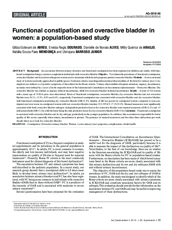 (PDF) Functional Constipation and Overactive Bladder in Women: A ...