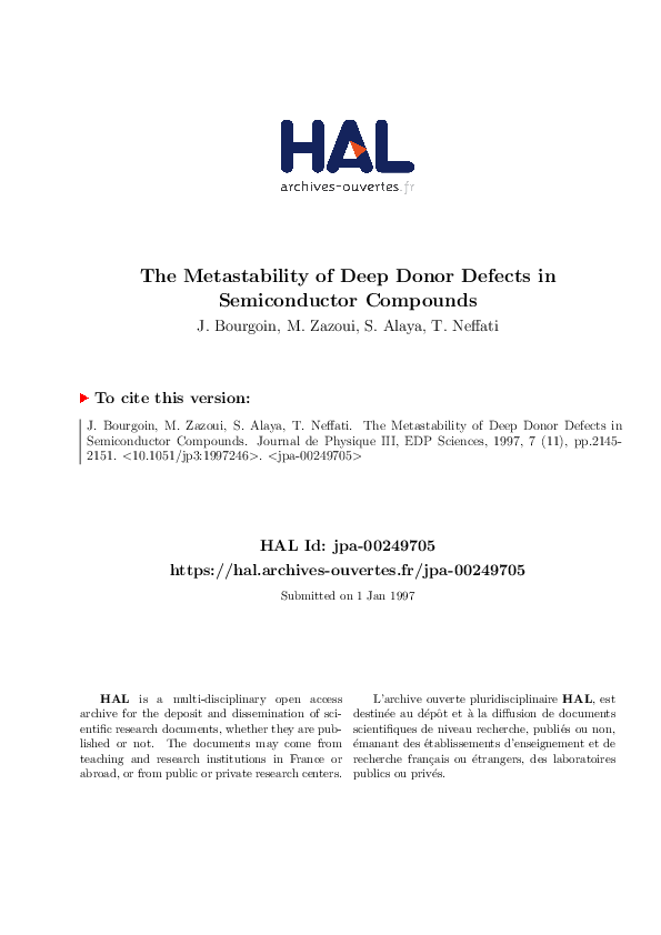 (PDF) The Metastability of Deep Donor Defects in Semiconductor Compounds