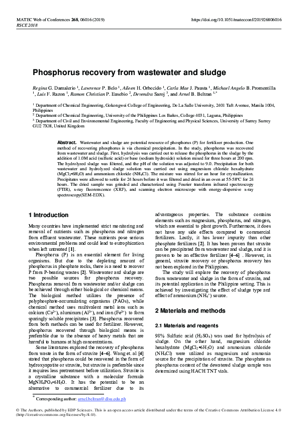 (PDF) Phosphorus recovery from wastewater and sludge