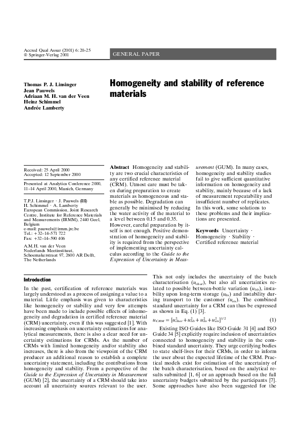 (PDF) Homogeneity and stability of reference materials