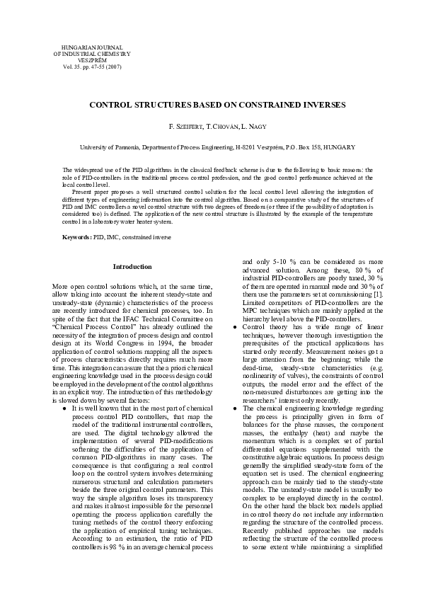 (PDF) Control Structures Based on Constrained Inverses | Chovan Tibor - Academia.edu