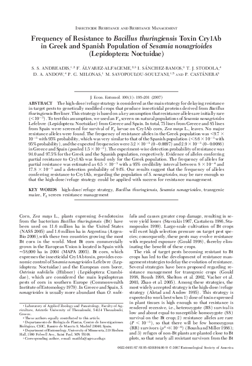 (PDF) Frequency of Resistance to Bacillus thuringiensis Toxin Cry1Ab in Greek and Spanish ...