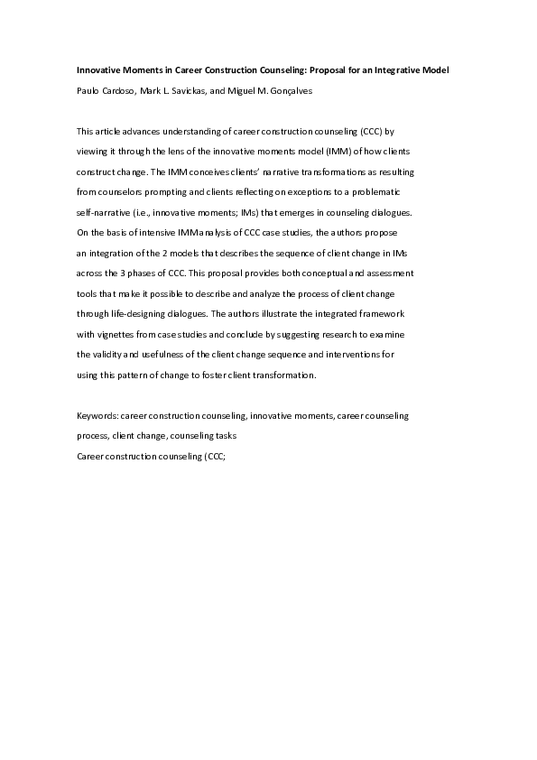 (PDF) Innovative Moments in Career Construction Counseling: Proposal ...