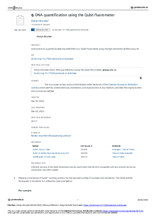 (PDF) DNA quantification using the Qubit fluorometer v1 (protocols.io ...