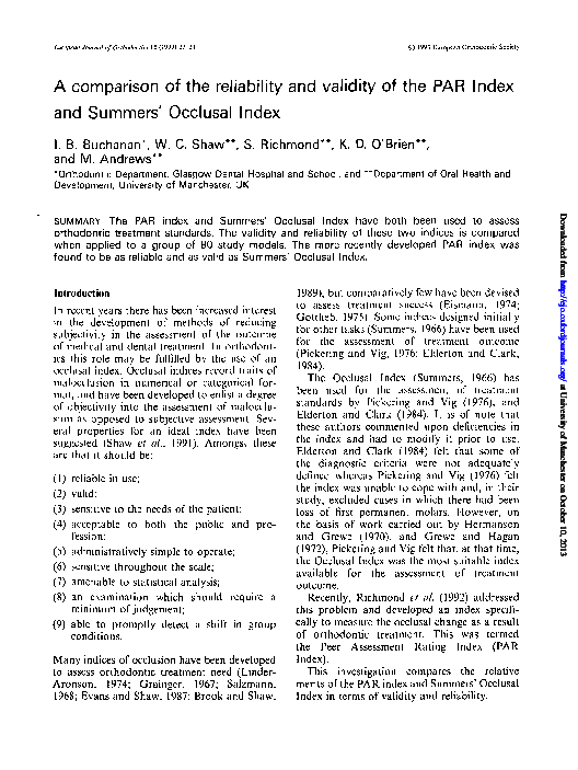 (PDF) A comparison of the reliability and validity of the PAR Index and ...