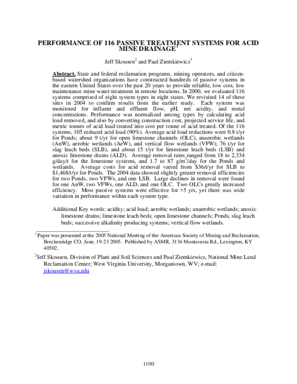 (PDF) Performance of 116 passive treatment systems for acid mine drainage