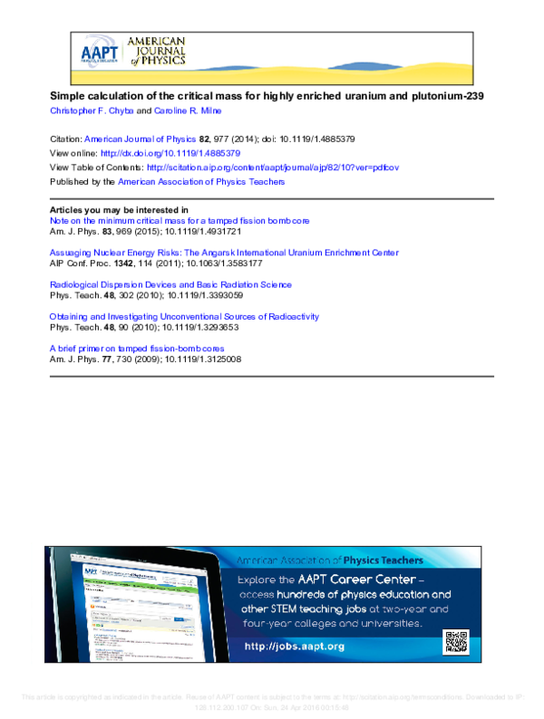 (PDF) Simple calculation of the critical mass for highly enriched ...