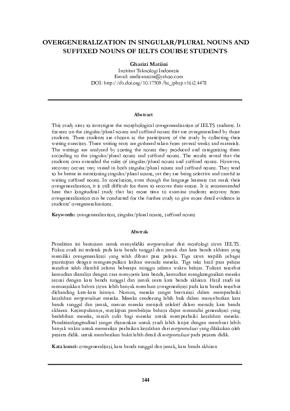 (PDF) Overgeneralization in Singular/Plural Nouns and Suffixed Nouns of ...
