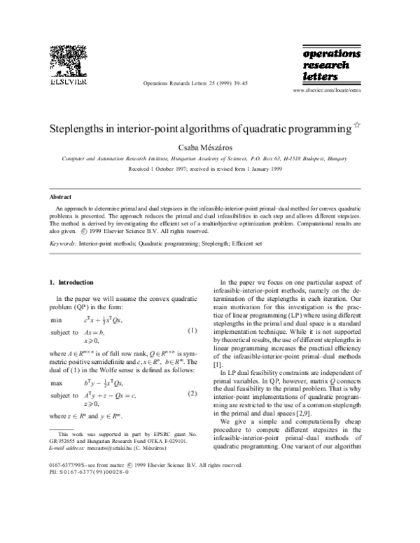 (PDF) Steplengths in interior-point algorithms of quadratic programming