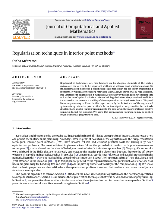 (PDF) Regularization techniques in interior point methods