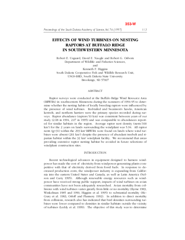 (PDF) Effects of Wind Turbines on Nesting Raptors at Buffalo Ridge in ...