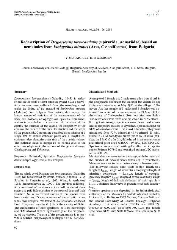 (PDF) Redescription of Desportesius brevicaudatus (Spirurida ...
