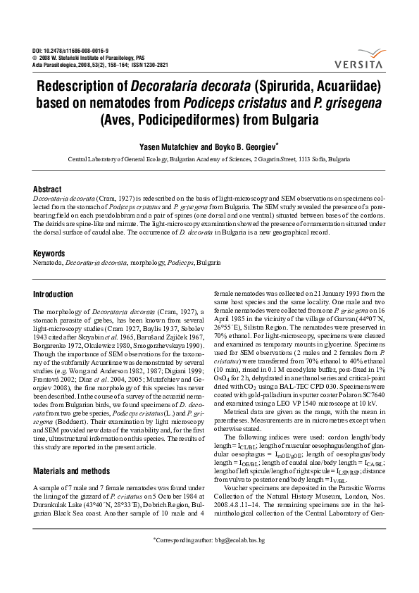 (PDF) Redescription of Decorataria decorata (Spirurida, Acuariidae ...