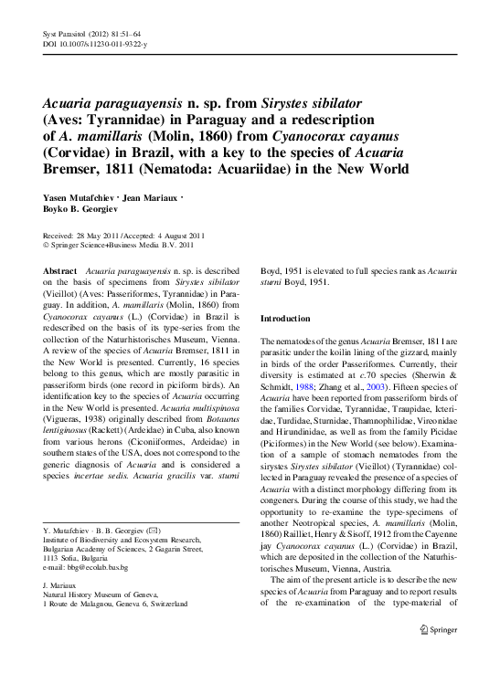 (PDF) Acuaria paraguayensis n. sp. from Sirystes sibilator (Aves ...