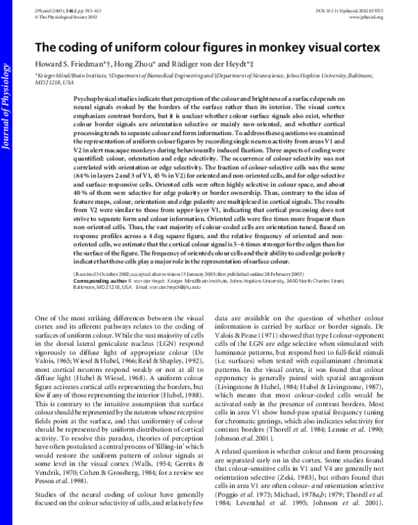 (PDF) The coding of uniform colour figures in monkey visual cortex