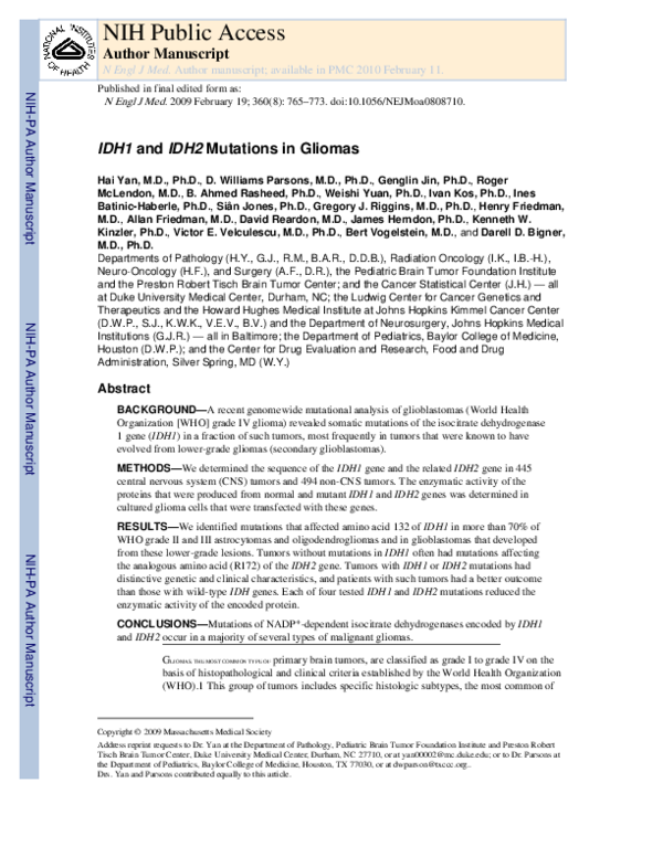 (PDF) IDH1 and IDH2 mutations in gliomas
