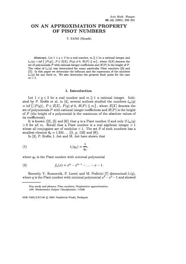 (PDF) On an approximation property of Pisot numbers