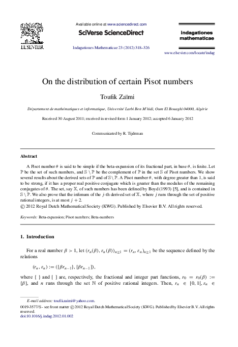 (PDF) On the distribution of certain Pisot numbers