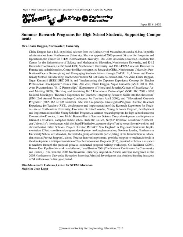 (PDF) Summer Research Programs for High School Students, Supporting ...