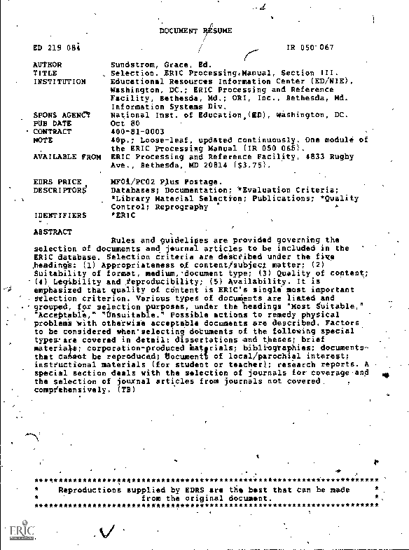 (PDF) Selection. ERIC Processing Manual, Section III