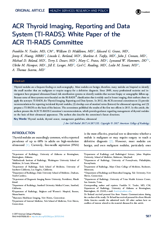 Pdf Acr Thyroid Imaging Reporting And Data System Ti Rads White Paper Of The Acr Ti Rads
