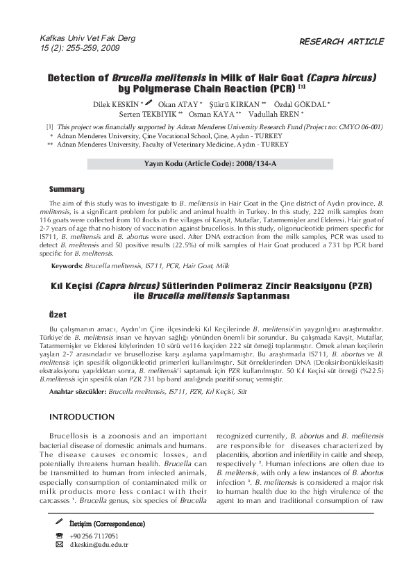 Pdf Detection Of Brucella Melitensis In Milk Of Hair Goat Capra Hircus By Polymerase Chain