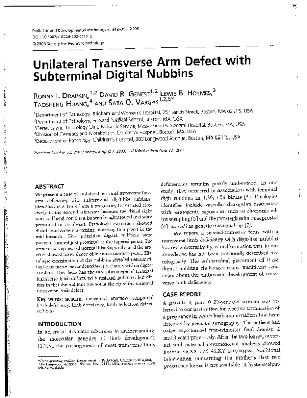 (PDF) Unilateral Transverse Arm Defect with Subterminal Digital Nubbins