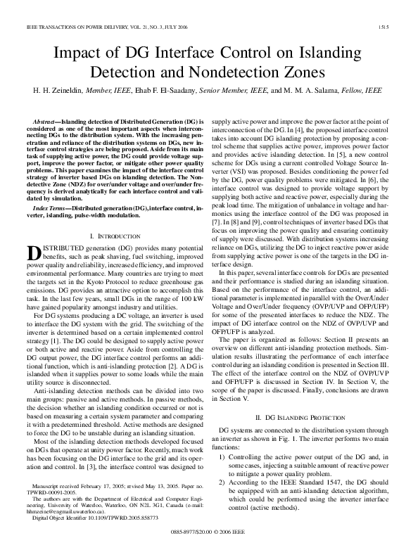 (PDF) Impact of DG Interface Control on Islanding Detection and Nondetection Zones | Magdy ...
