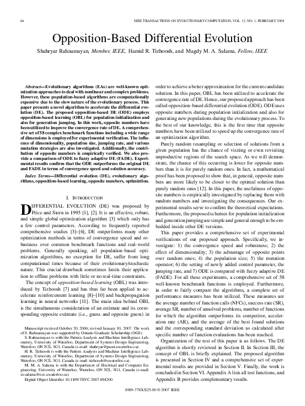 (PDF) Opposition-Based Differential Evolution