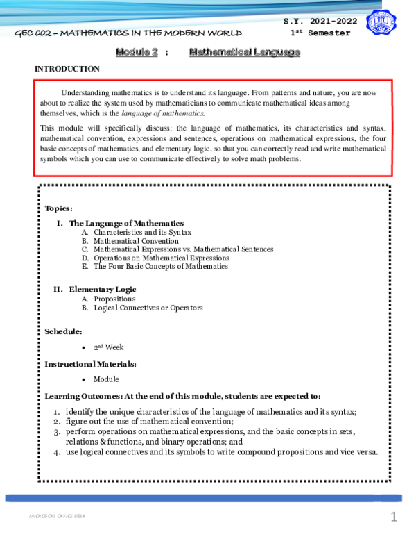 (PDF) GEC 002 -MATHEMATICS IN THE MODERN WORLD