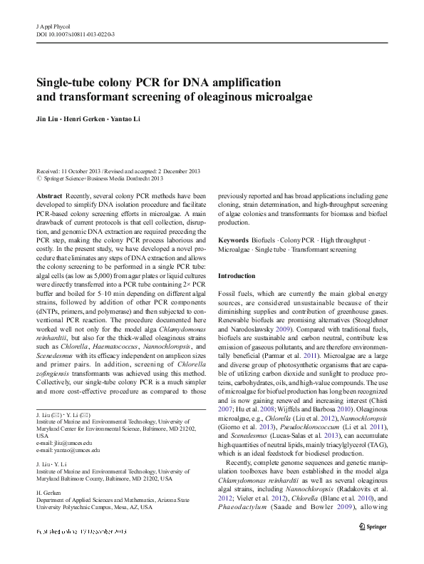 (PDF) Single-tube colony PCR for DNA amplification and transformant ...
