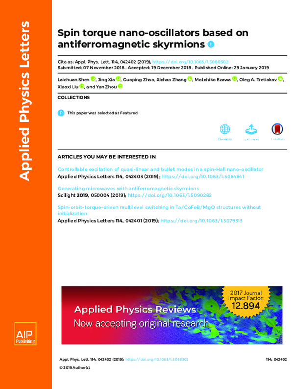 Pdf Spin Torque Nano Oscillators Based On Antiferromagnetic Skyrmions Oleg Tretiakov