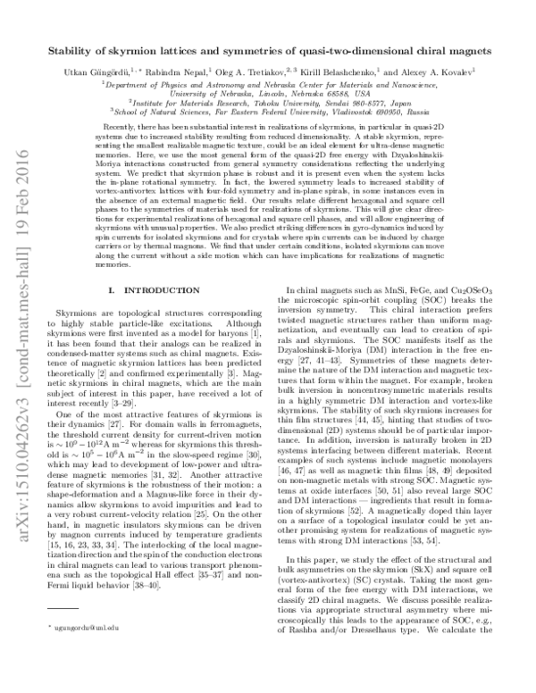 (PDF) Stability of skyrmion lattices and symmetries of quasi-two ...