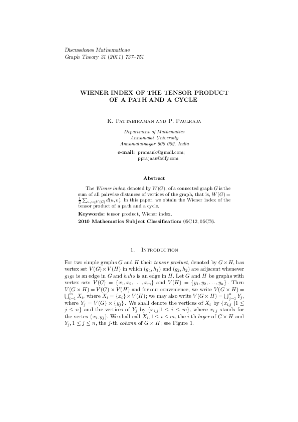 (PDF) Wiener index of the tensor product of a path and a cycle