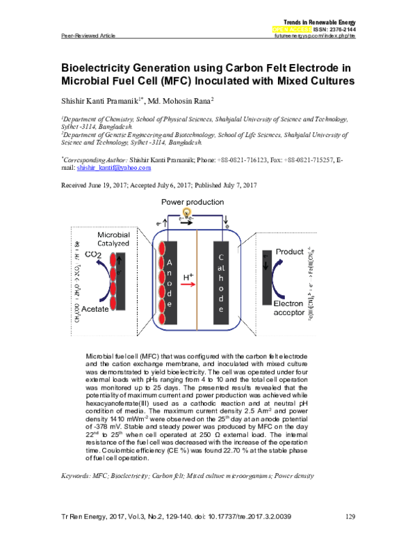(PDF) Bioelectricity Generation using Carbon Felt Electrode in ...