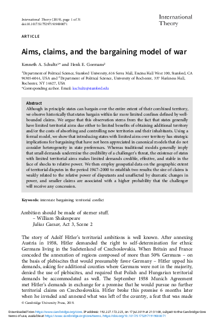 (PDF) Aims, claims, and the bargaining model of war | Hein Goemans ...