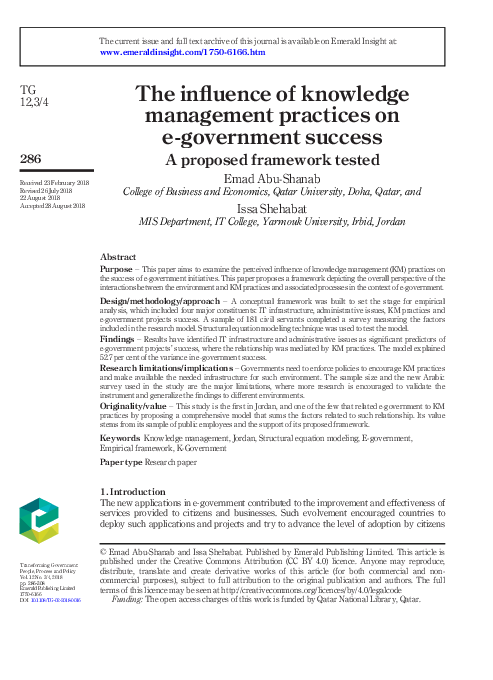 (PDF) The influence of knowledge management practices on e-government ...