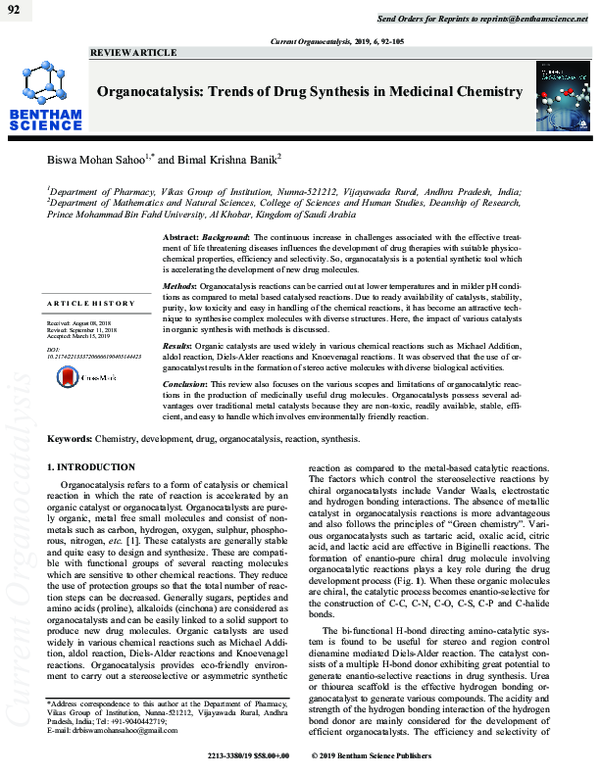 (PDF) Organocatalysis: Trends of Drug Synthesis in Medicinal Chemistry