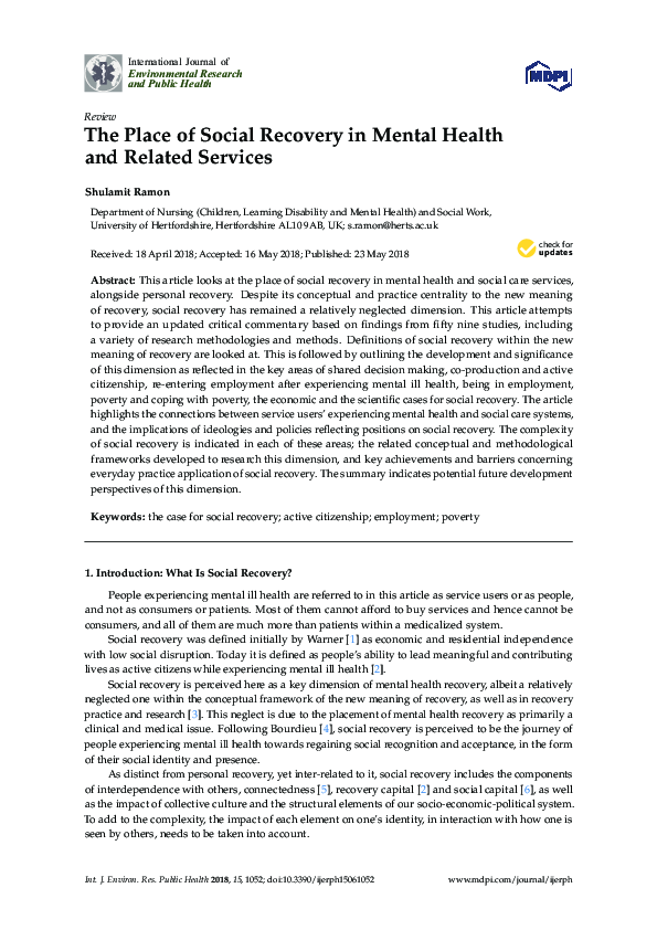 (PDF) The Place of Social Recovery in Mental Health and Related Services
