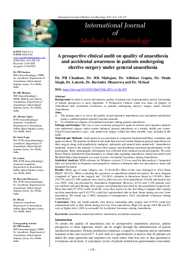 (PDF) A prospective clinical audit on quality of anaesthesia and ...
