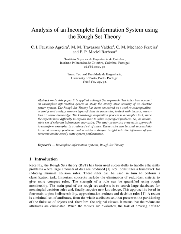 (PDF) Analysis of an Incomplete Information System Using the Rough Set Theory