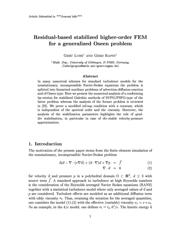 (PDF) Residual-Based Stabilized Higher-Order Fem for a Generalized Oseen Problem