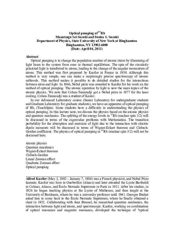 (PDF) Optical pumping of 87 Rubidium
