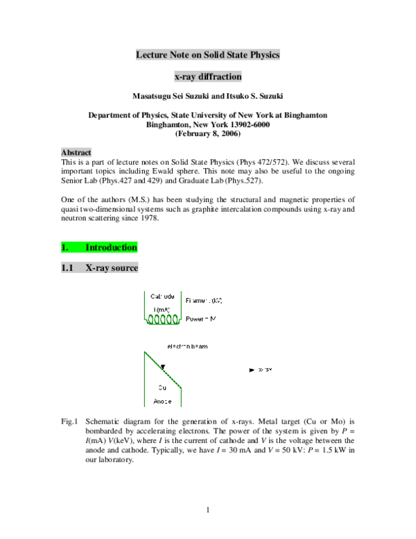 (PDF) Lecture Note on Solid State Physics x-ray diffraction
