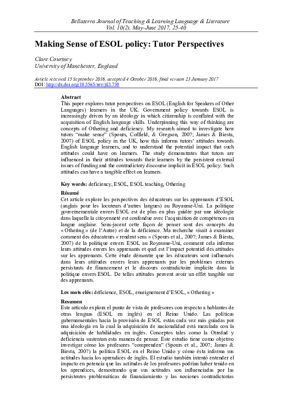 (PDF) Making sense of ESOL policy: Tutor perspectives