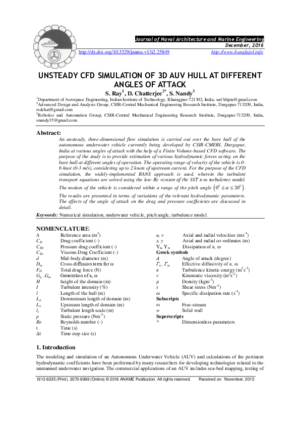 Pdf Unsteady Cfd Simulation Of 3d Auv Hull At Different Angles Of Attack