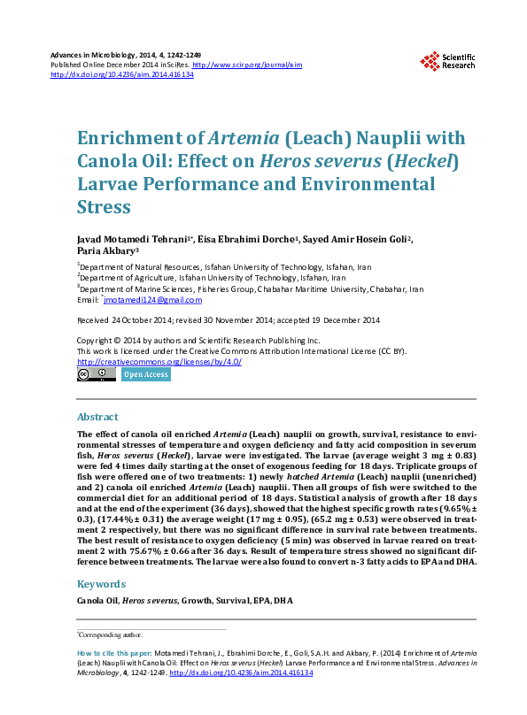 (PDF) Enrichment of Artemia (Leach) nauplii with Canola Oil: Effect on ...