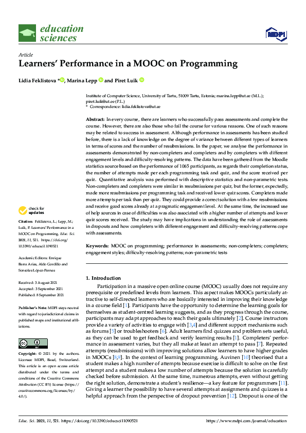 (PDF) Learners’ Performance in a MOOC on Programming