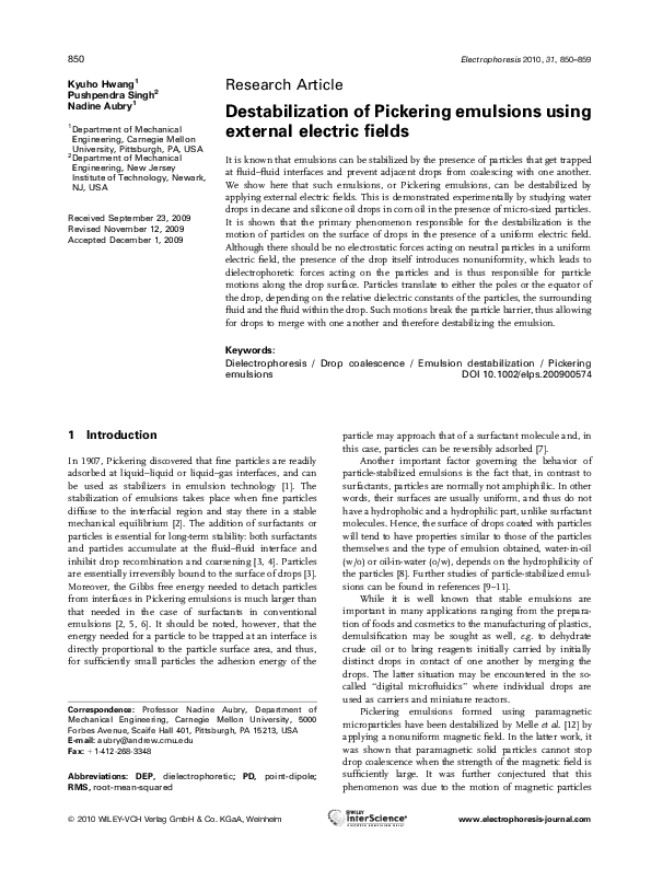 (PDF) Destabilization of Pickering emulsions using external electric fields